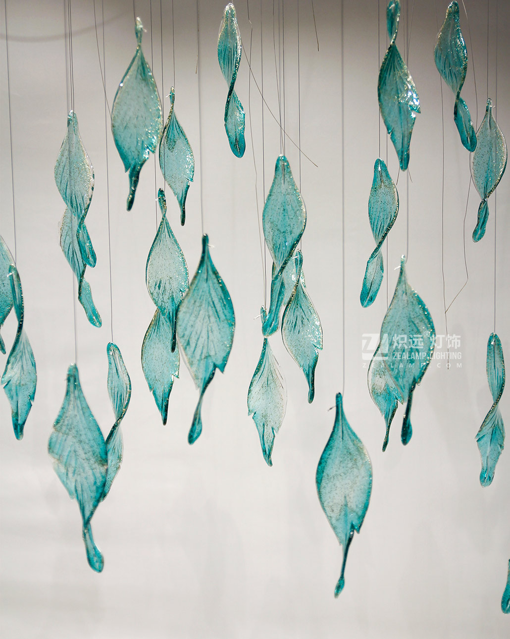 Cyan Glass Leaf Art Chandelier, art installation decoration in the ...