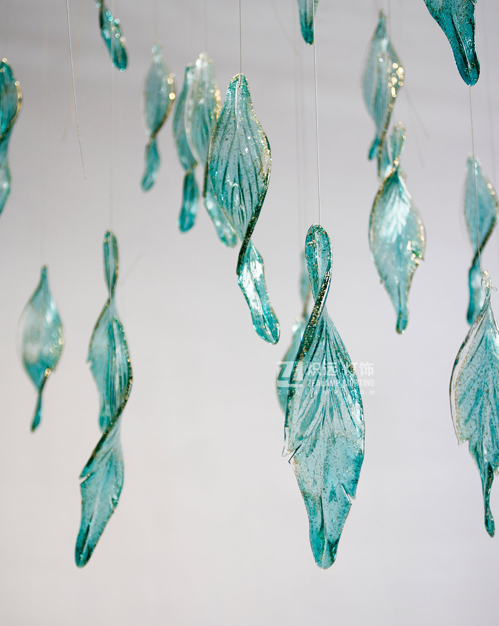 Cyan Glass Leaf Art Chandelier, art installation decoration in the ...