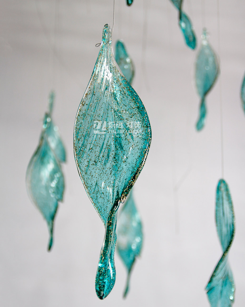Cyan Glass Leaf Art Chandelier, art installation decoration in the ...