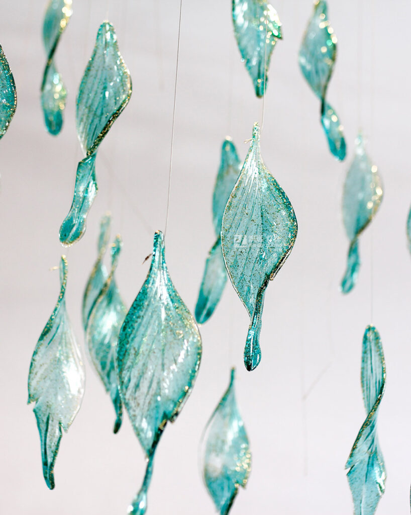 Cyan Glass Leaf Art Chandelier, art installation decoration in the ...